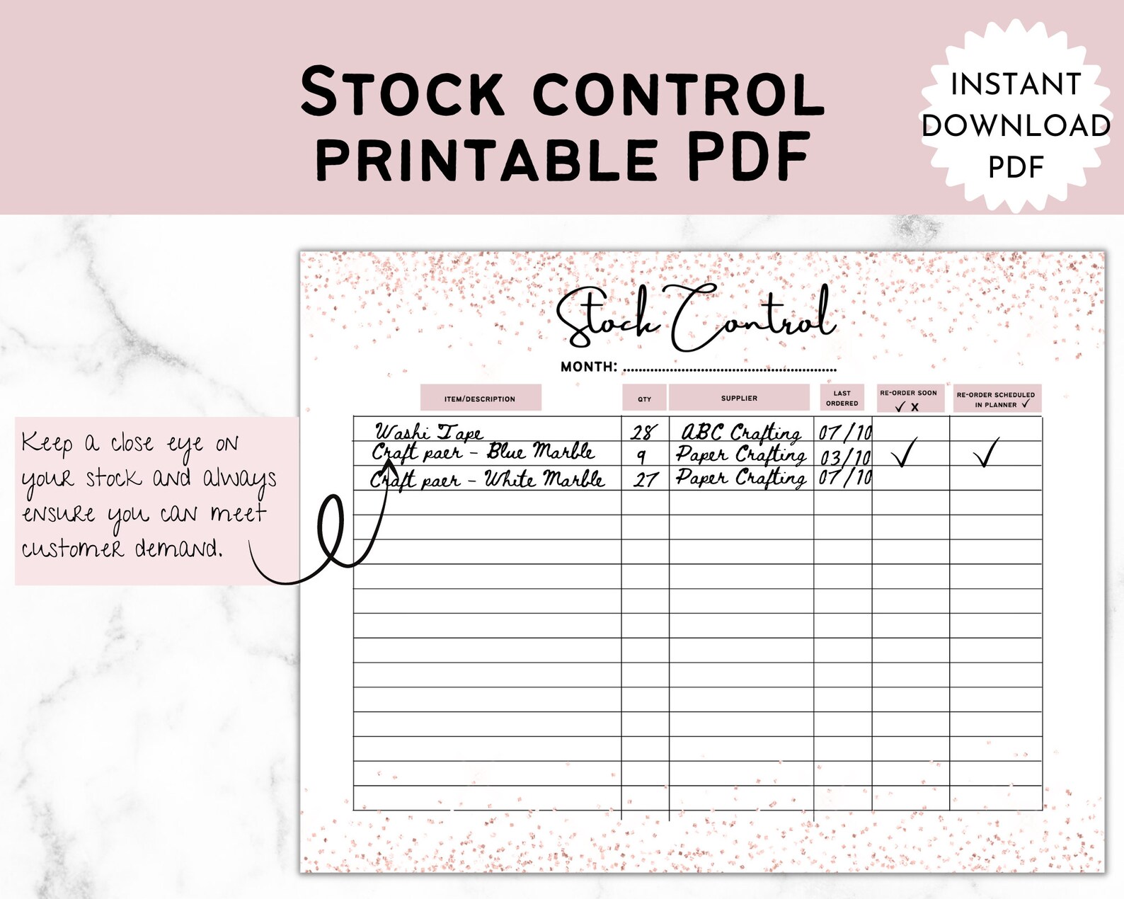 Stock Control Template, Inventory Management PDF Printable Record Sheet ...