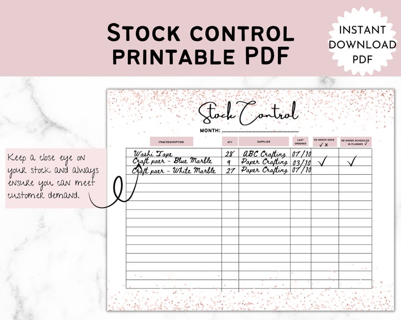 Stock Control Template, Inventory Management PDF Printable Record Sheet ...