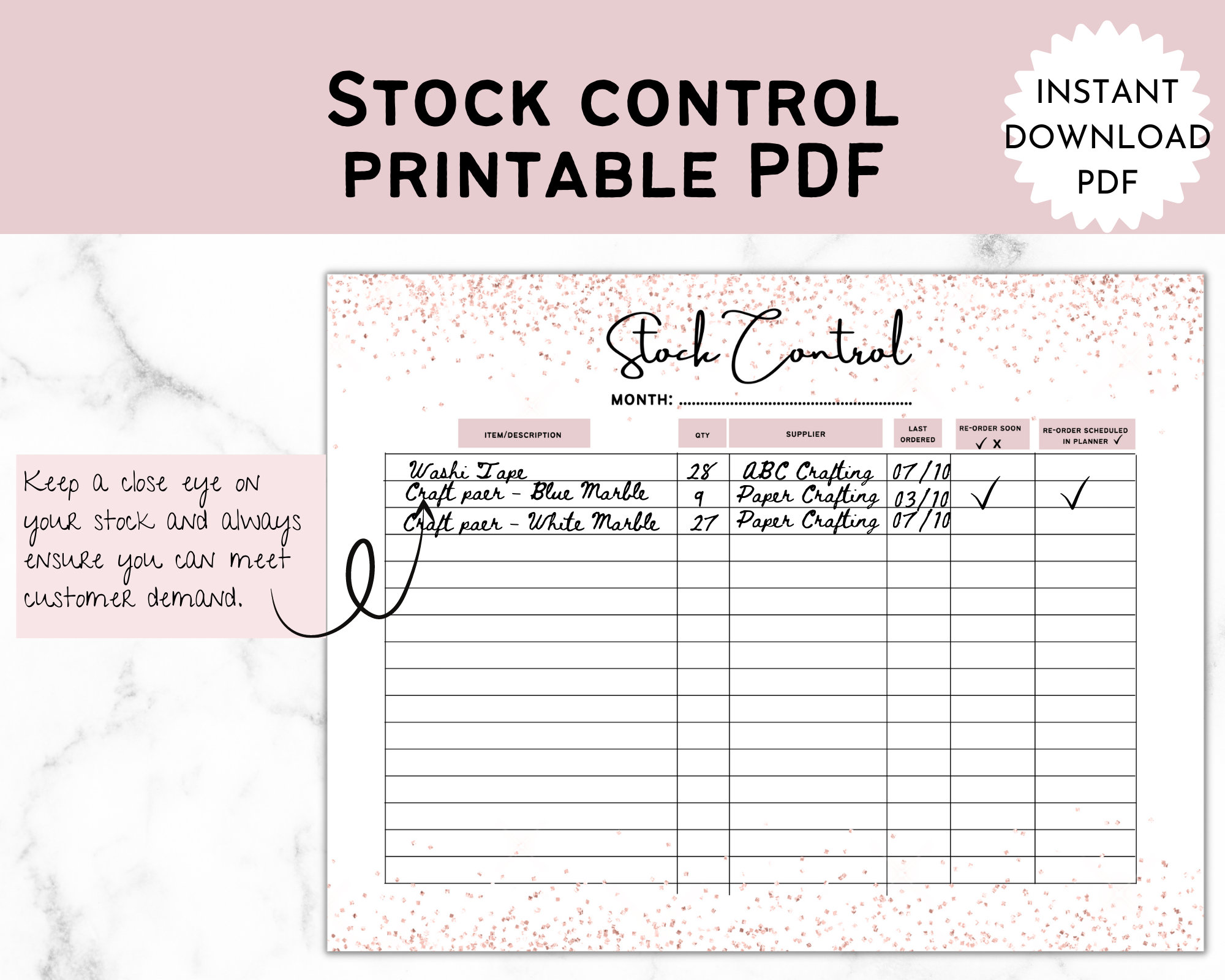 Stock Control Template, Inventory Management PDF Printable Record Sheet ...