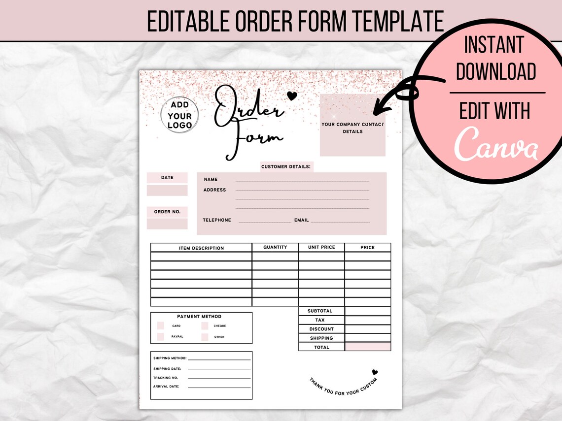 Pink Glitter Effect Editable Order Form Template, Printable and ...