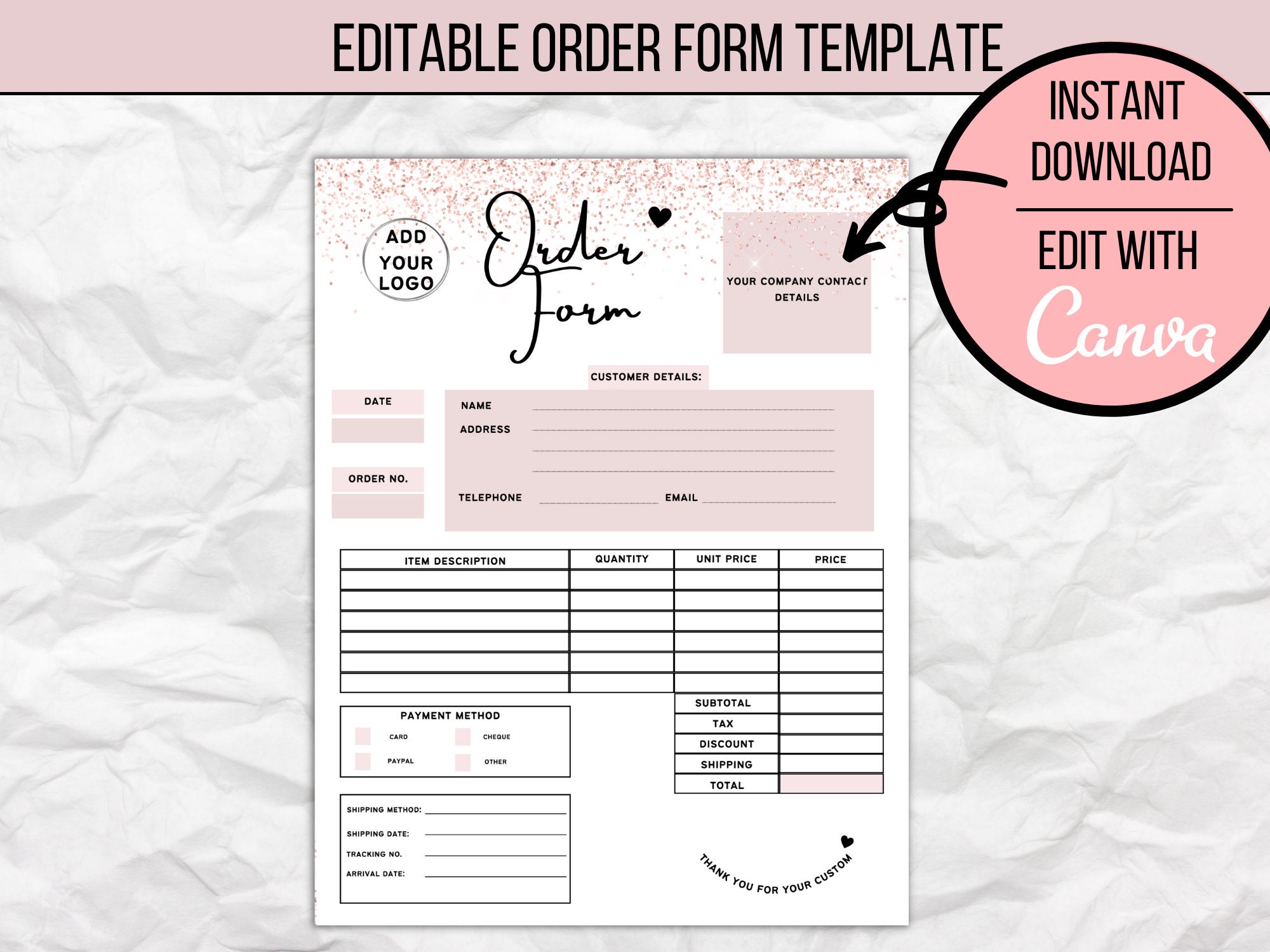 Pink Glitter Effect Editable Order Form Template, Printable and ...