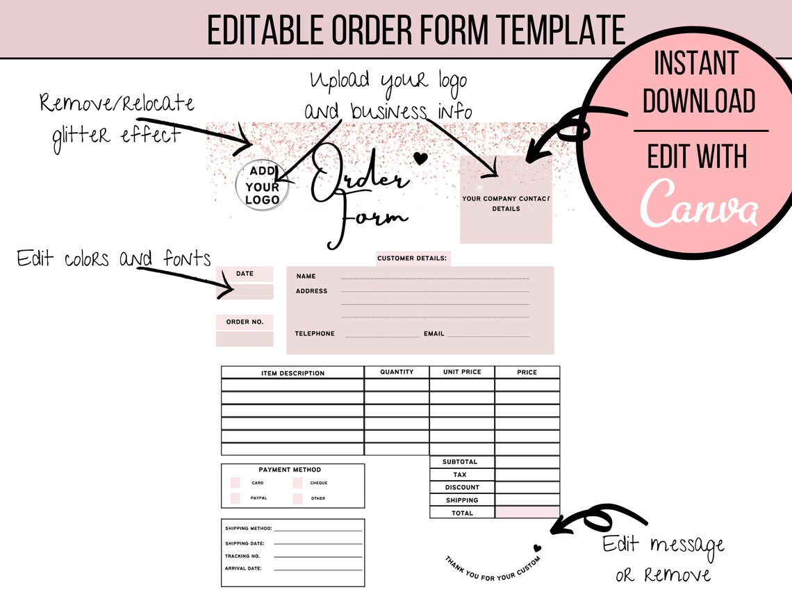 Pink Glitter Effect Editable Order Form Template, Printable and ...