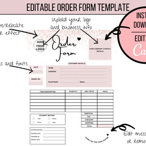 Pink Glitter Effect Editable Order Form Template, Printable and ...