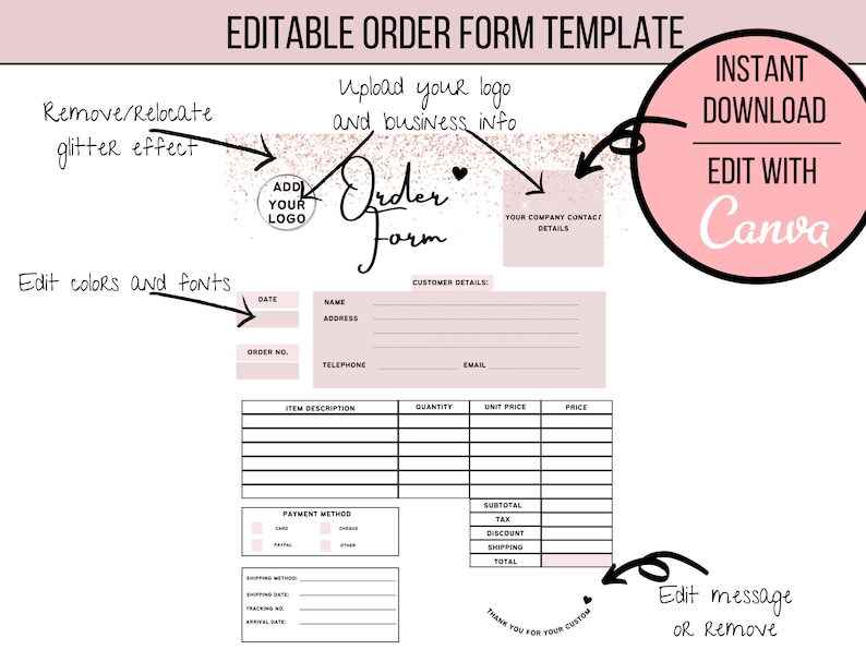 Pink Glitter Effect Editable Order Form Template, Printable and ...
