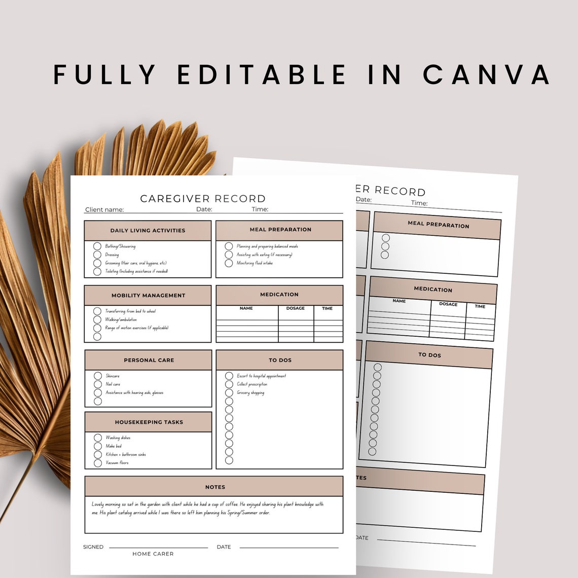 Daily Checklist for Elderly Care, Caregiver Printable Record Sheet ...