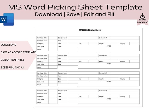 MS Word Fillable Picking Sheet Template Reseller Inventory - Etsy Canada