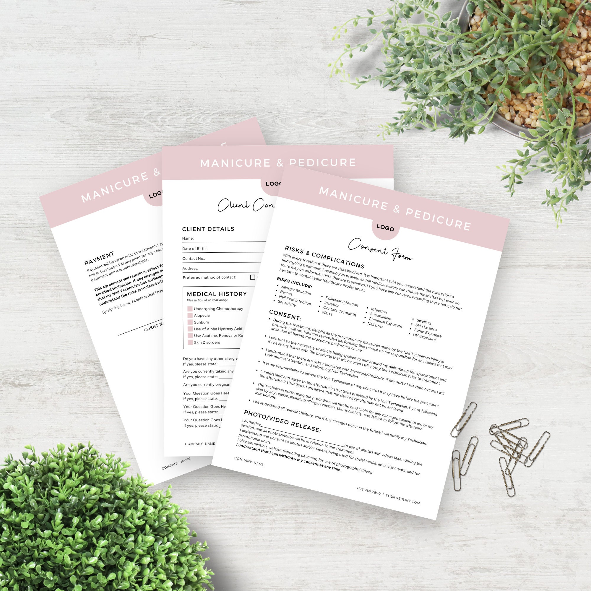 Editable Nail Technician Forms Bundle, Pink Esthetician, Manicure ...