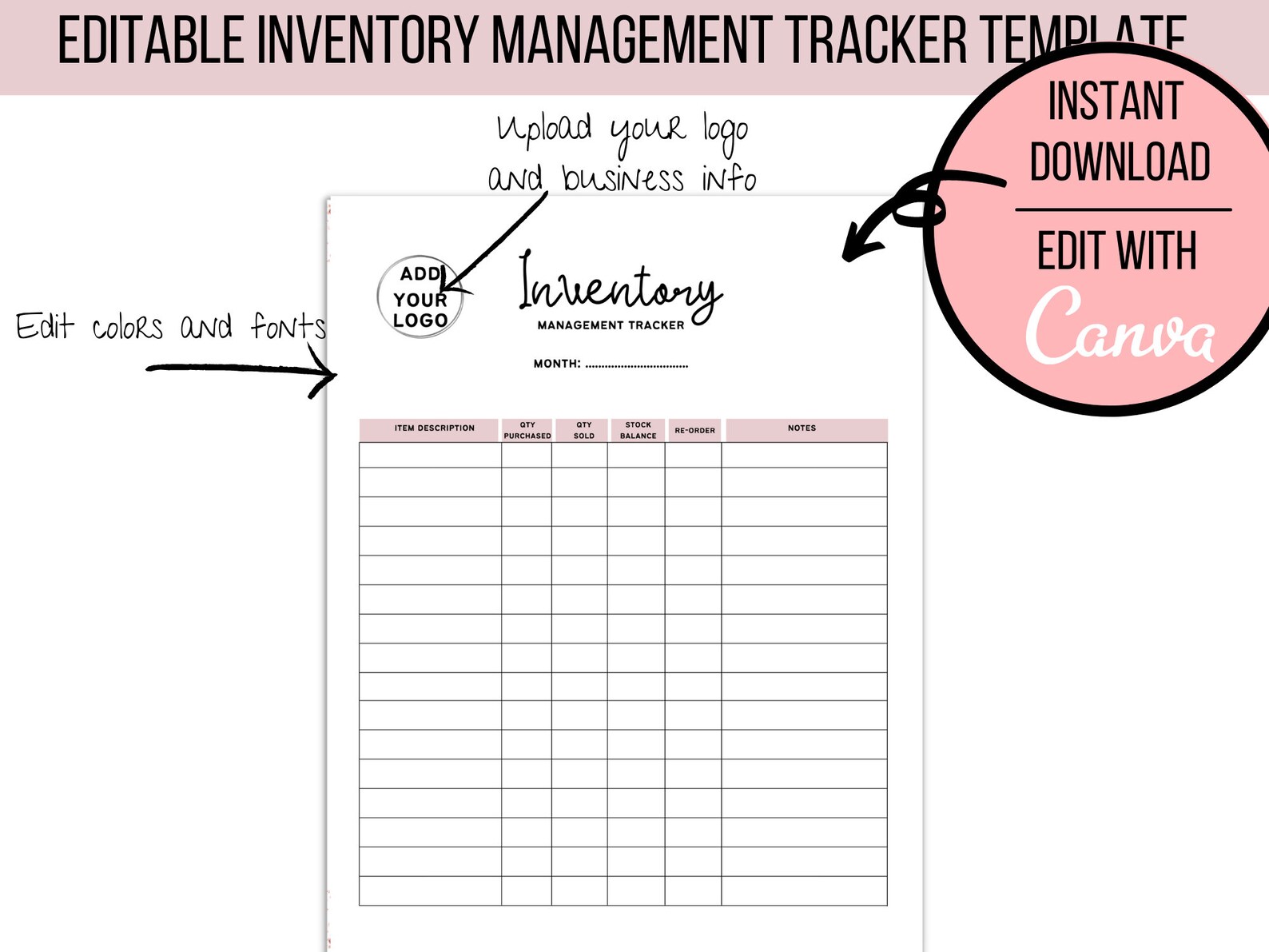 Editable Inventory Tracker, Printable Business Inventory Record ...