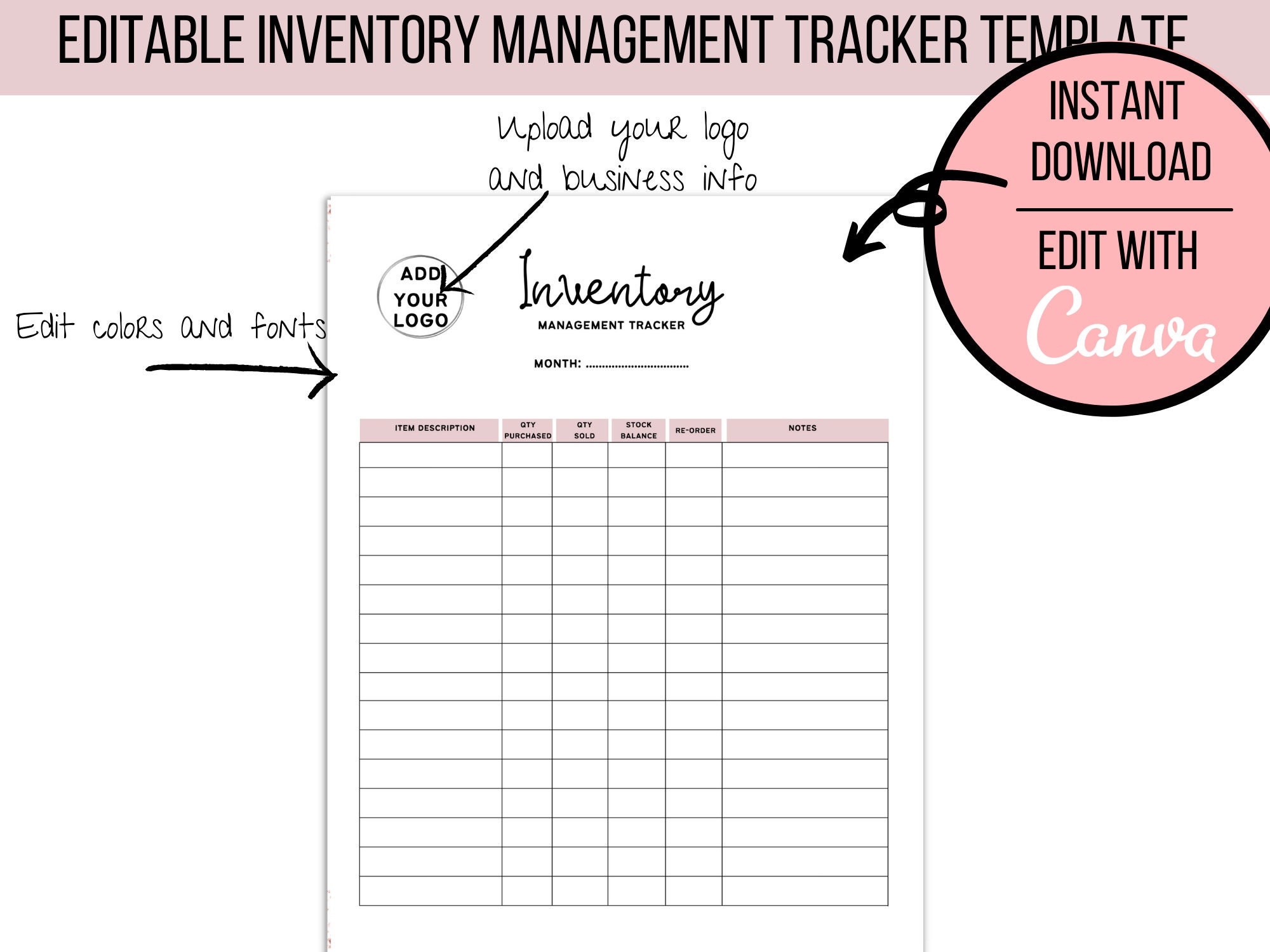 Editable Inventory Tracker, Printable Business Inventory Record ...