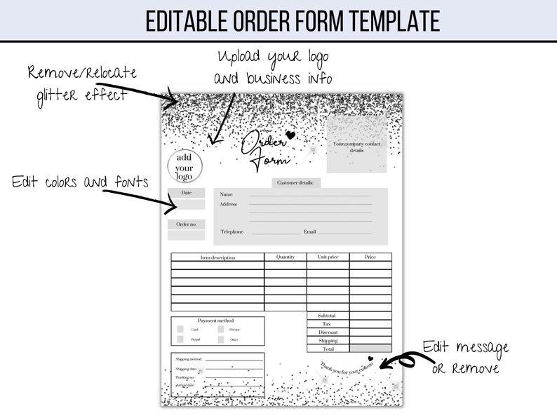 Editable Order Form Template Black Glitter Effect Printable | Etsy