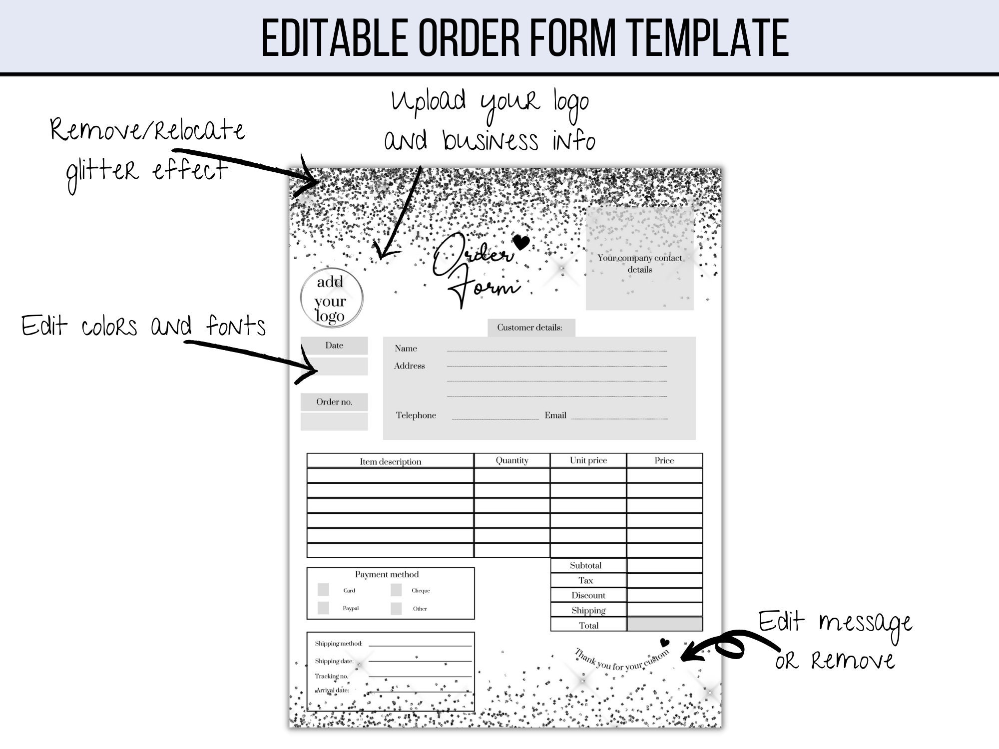 Editable Order Form Template Black Glitter Effect Printable - Etsy