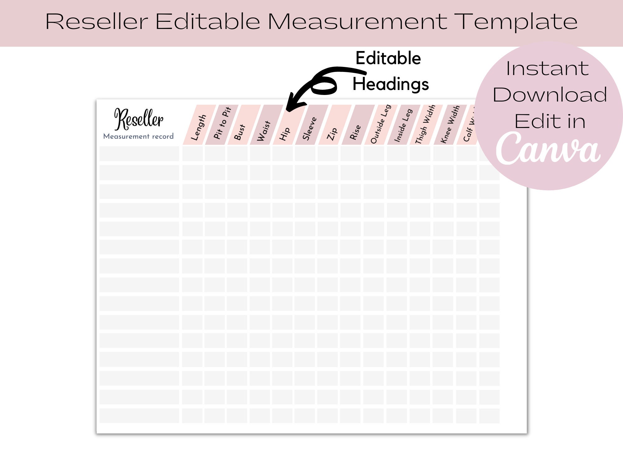 Reseller Editable Measurement Template | Record of Measurements ...