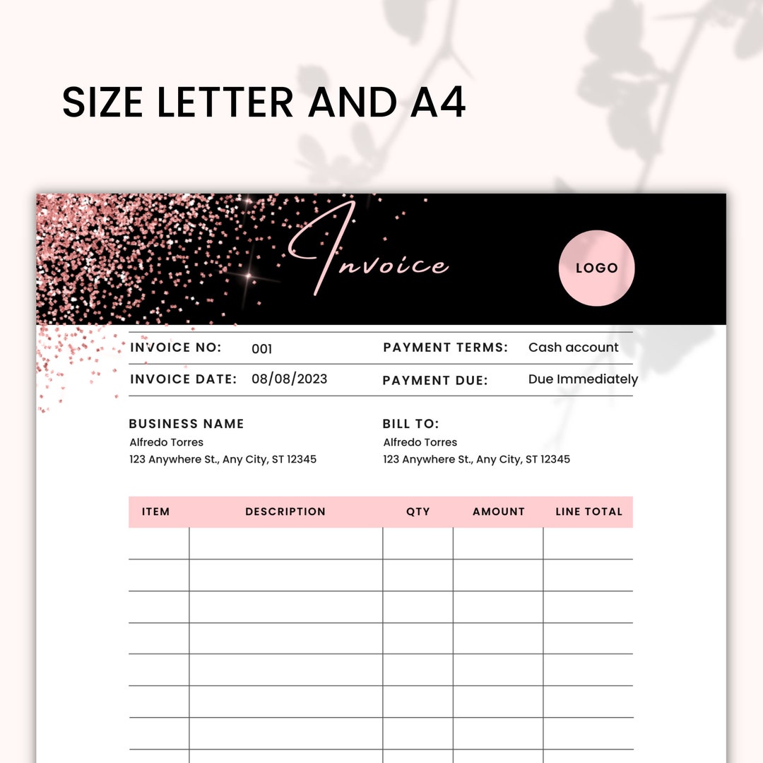 Canva Editable Business Invoice Template, Salon Invoice, Pink Glitter ...