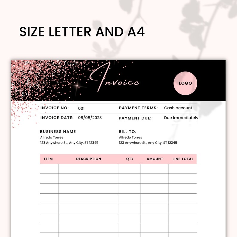 Canva Editable Business Invoice Template, Salon Invoice, Pink Glitter ...