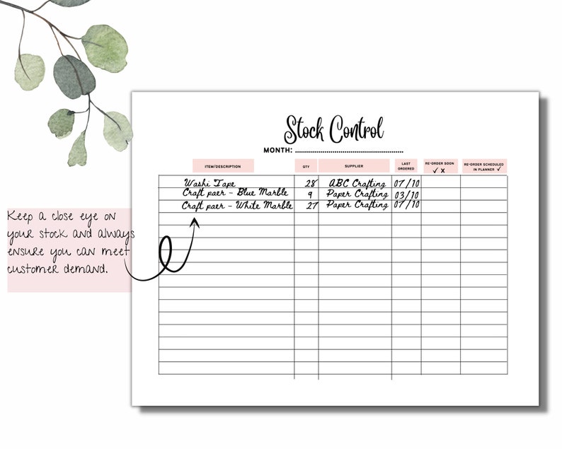 Stock Control Template, Inventory Management PDF Printable Record Sheet ...