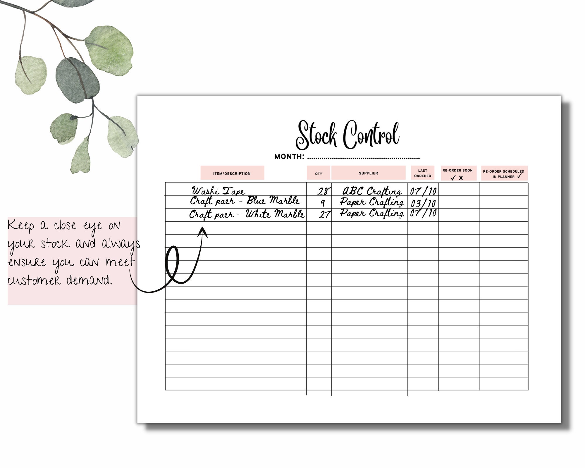 Stock Control Template, Inventory Management PDF Printable Record Sheet ...
