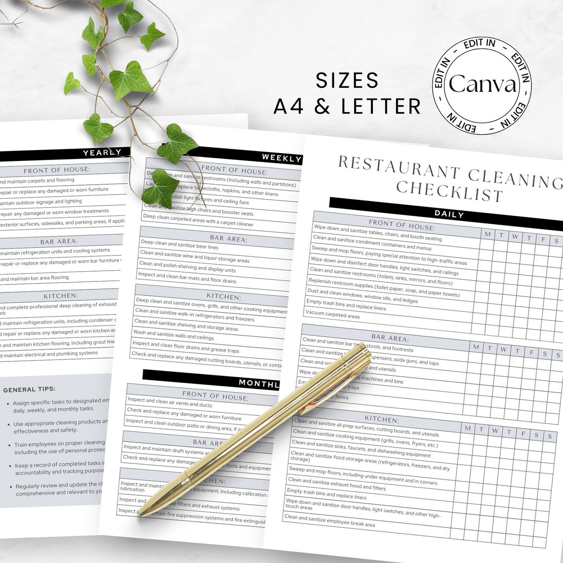 Restaurant Cleaning Checklist Template, Editable Template for Cleaning ...