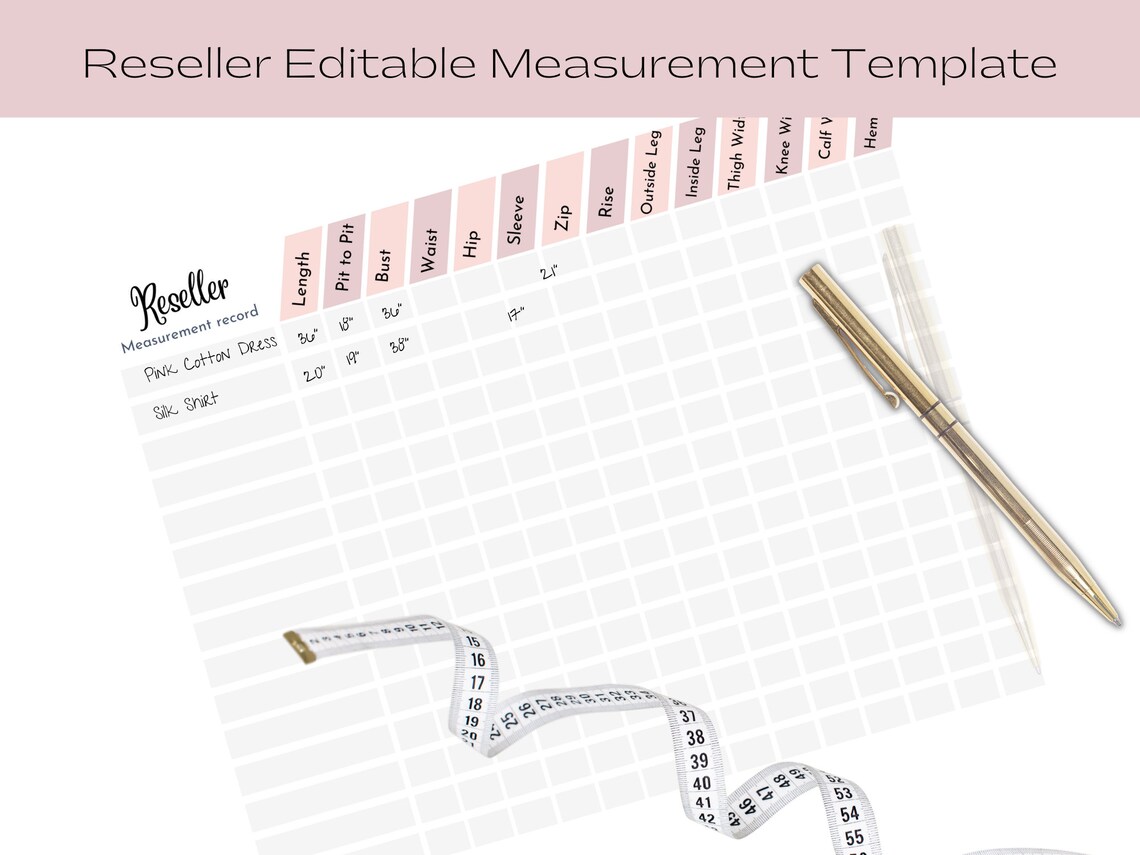 Reseller Editable Measurement Template Record of | Etsy