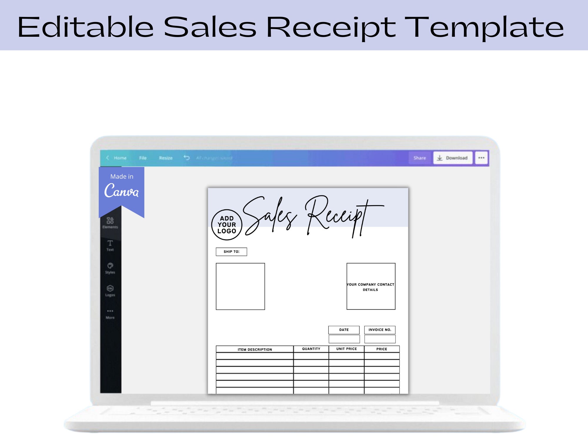 Editable Business Sales Receipt Template, Customizable and Printable ...