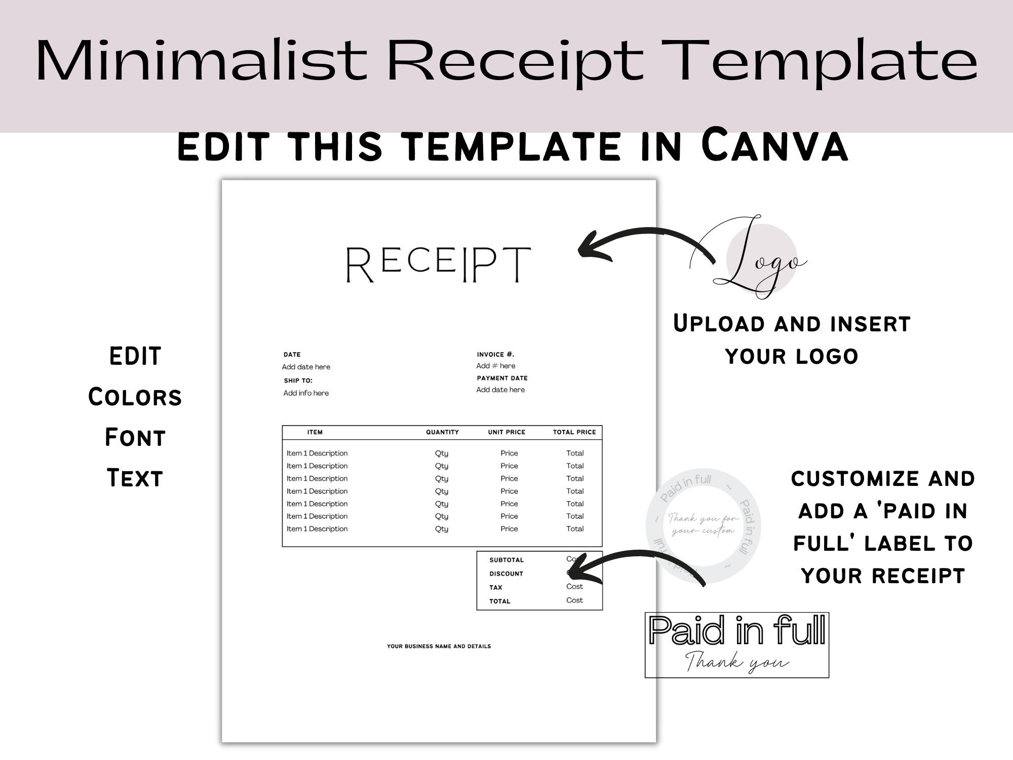 Minimalist Business Receipt Template, Editable Customer Receipt in a ...