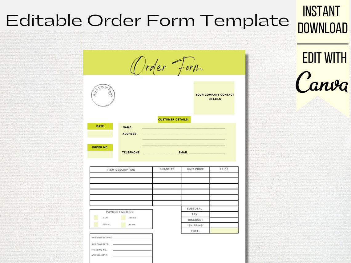 Editable Order Form Template Yellow Printable and | Etsy