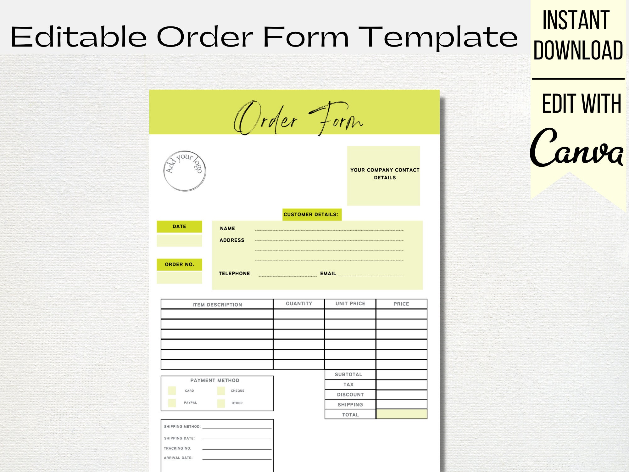 Editable Order Form Template, Yellow, Printable and Customizable Order ...