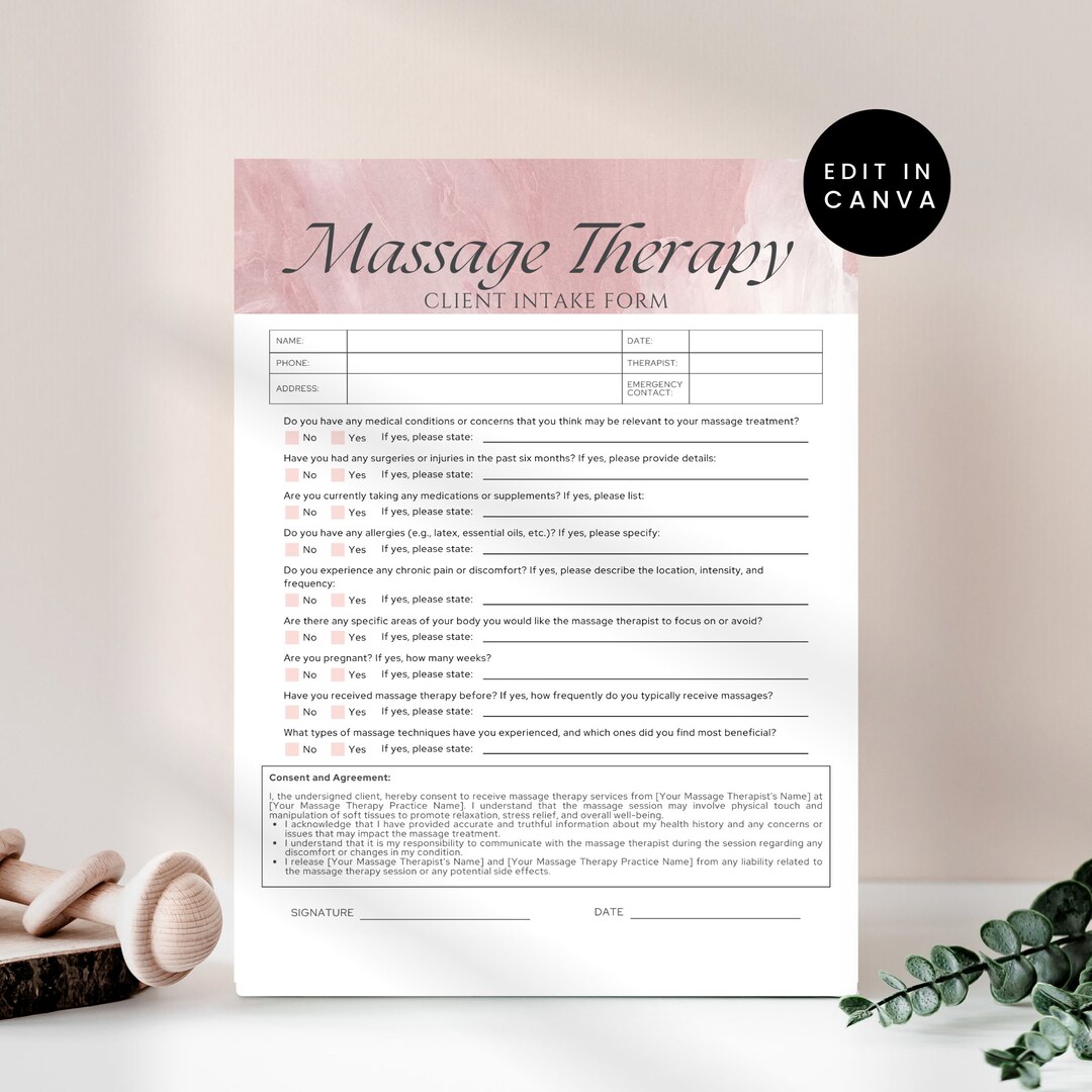Massage Therapy Template, Client Intake Form for Beauty Salon Massage ...