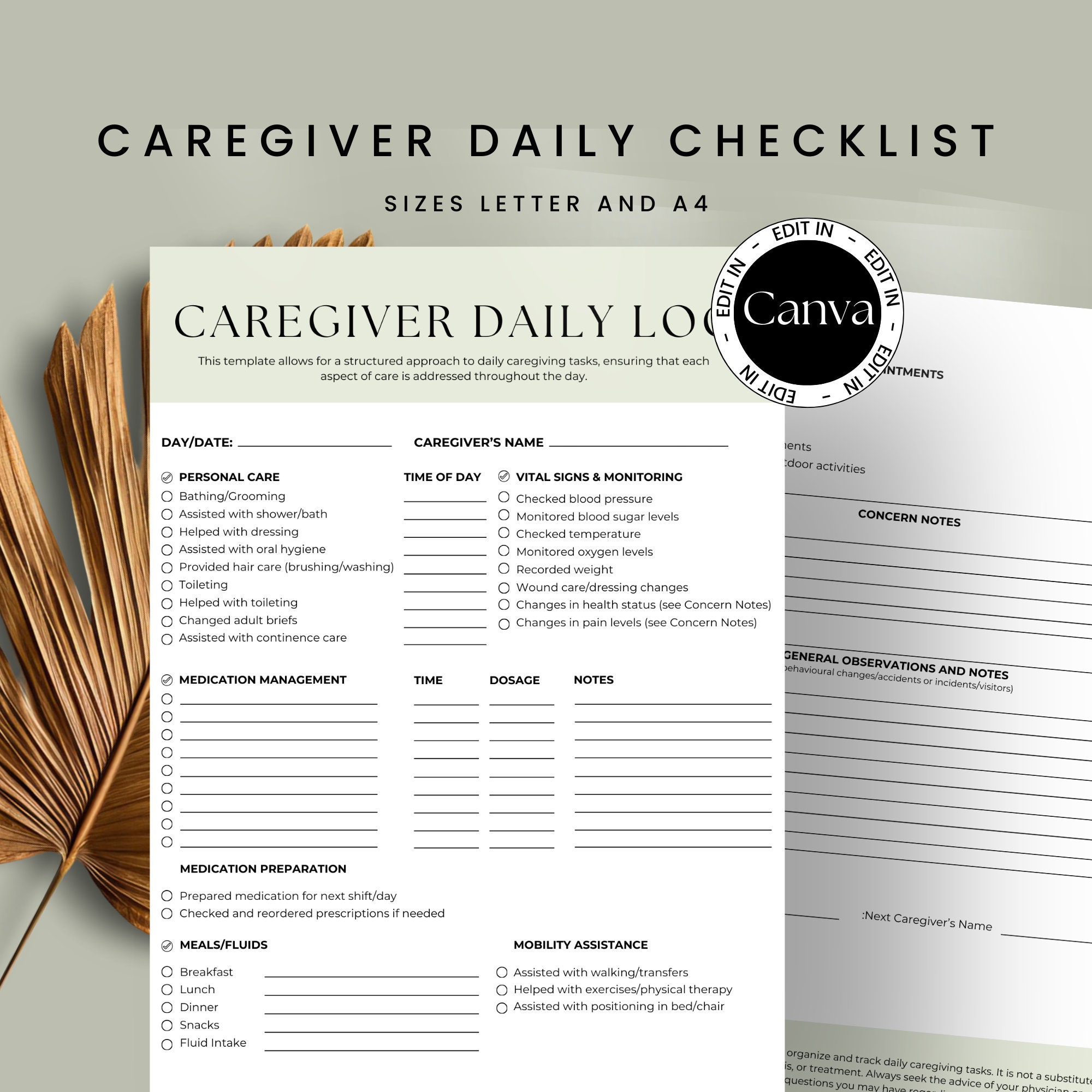Daily Checklist for Elderly Care, Editable Caregiver Printable Record ...