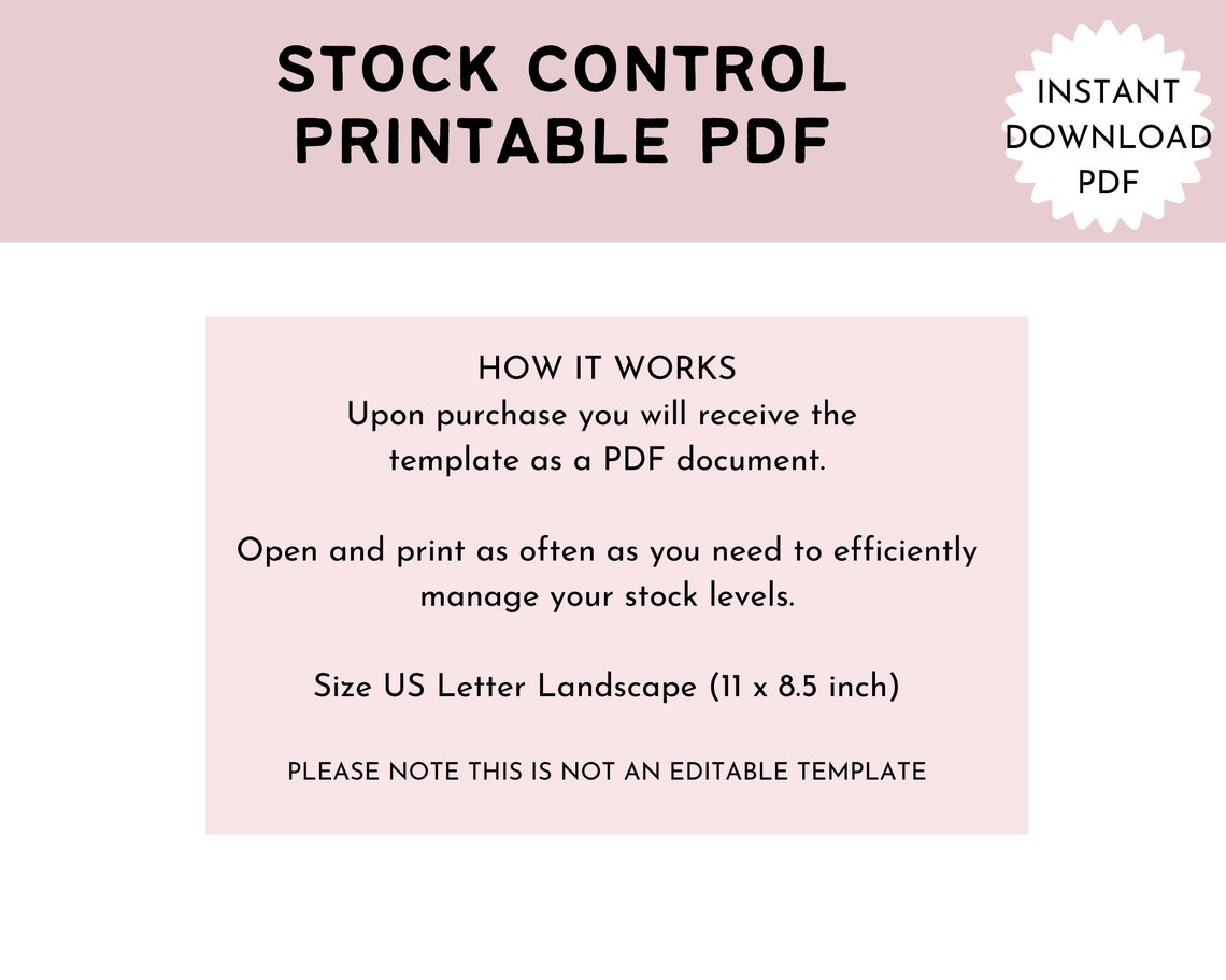 Stock Control Template, Inventory Management PDF Printable Record Sheet ...