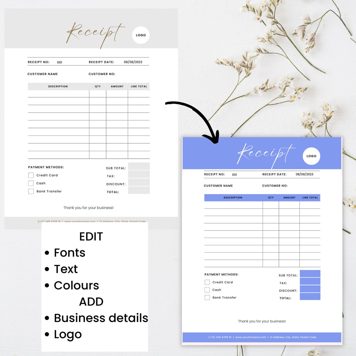 Editable Business Sales Receipt Template, Customizable and Printable ...