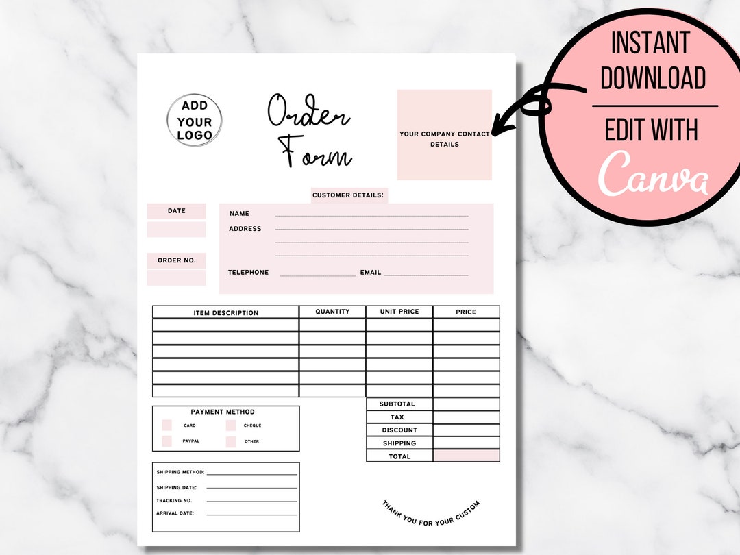 Editable Order Form Template, Custom Order Form, Printable Order Forms ...