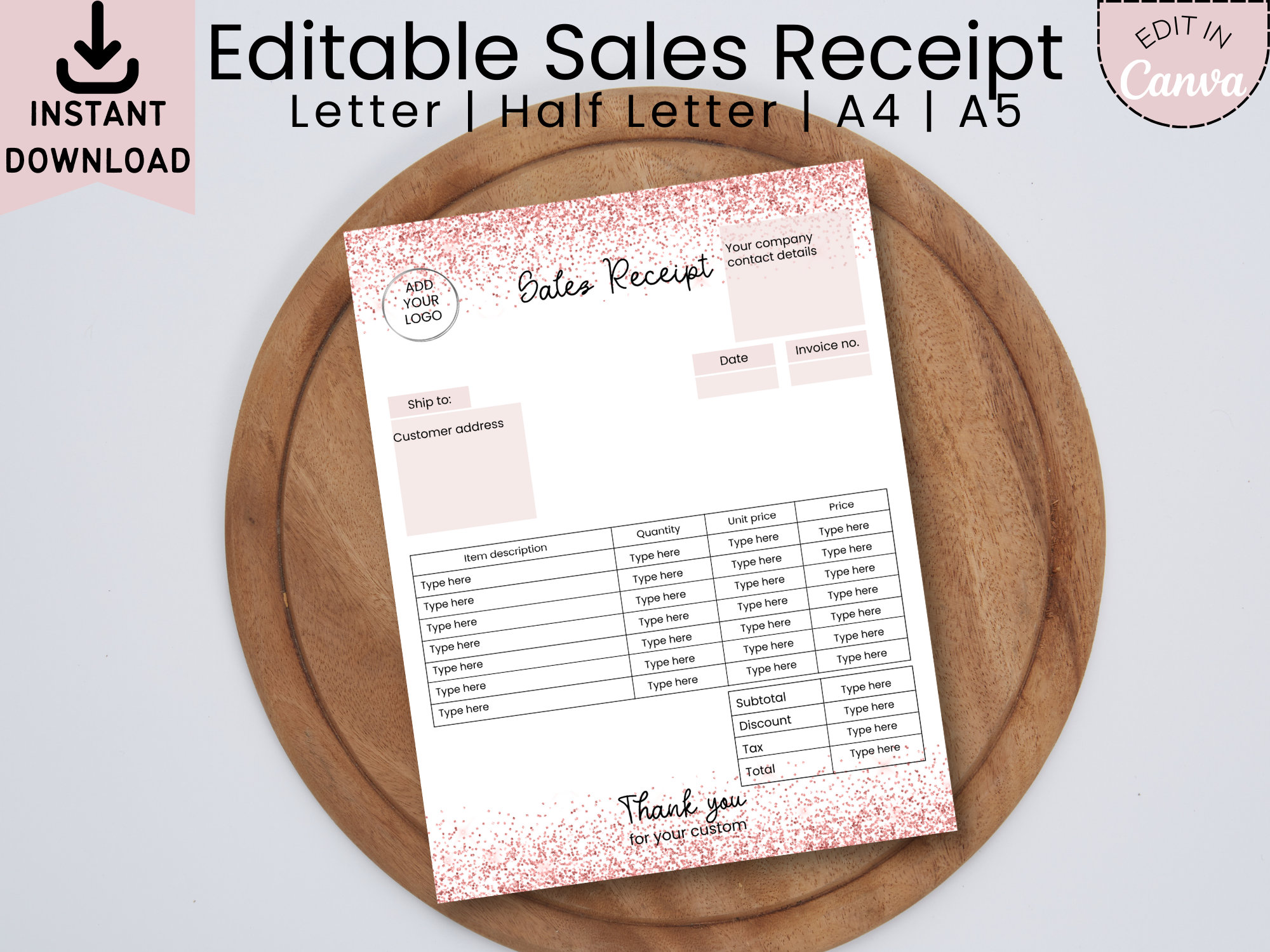 Pink Glitter Editable Business Sales Receipt Template, Business Receipt ...