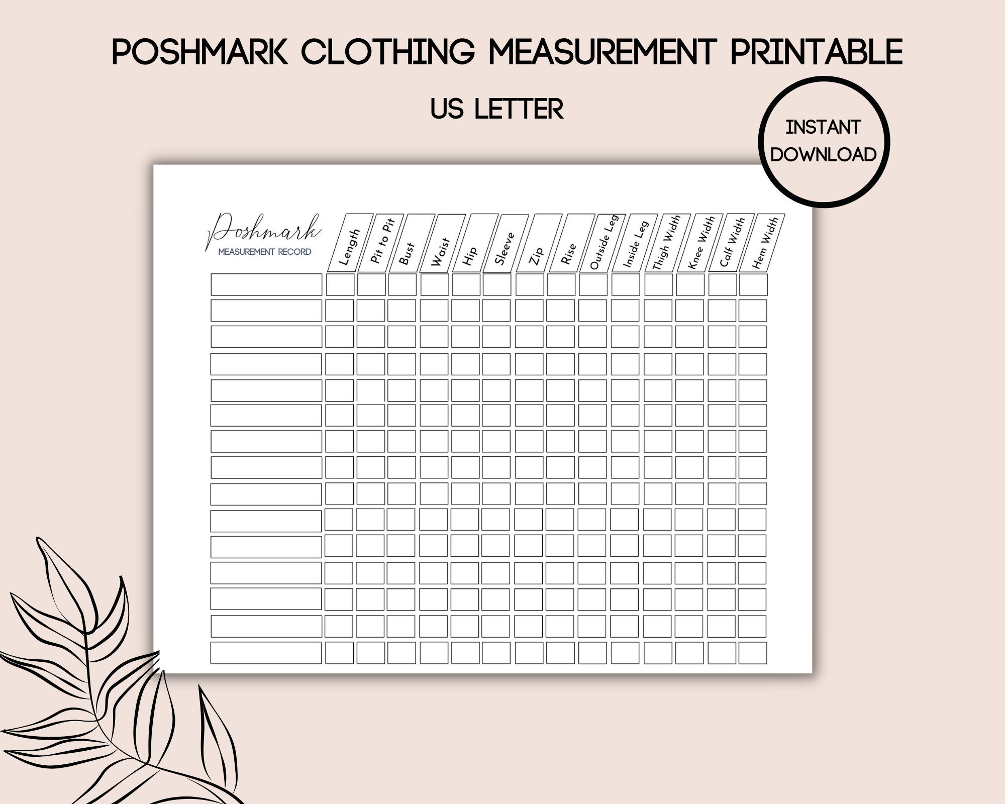 Poshmark Printable Clothing Measurement Template | Reseller Measuring ...