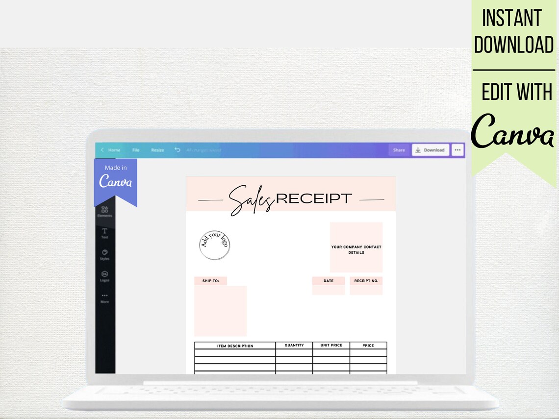 Editable Business Sales Receipt Template, Customizable and Printable ...