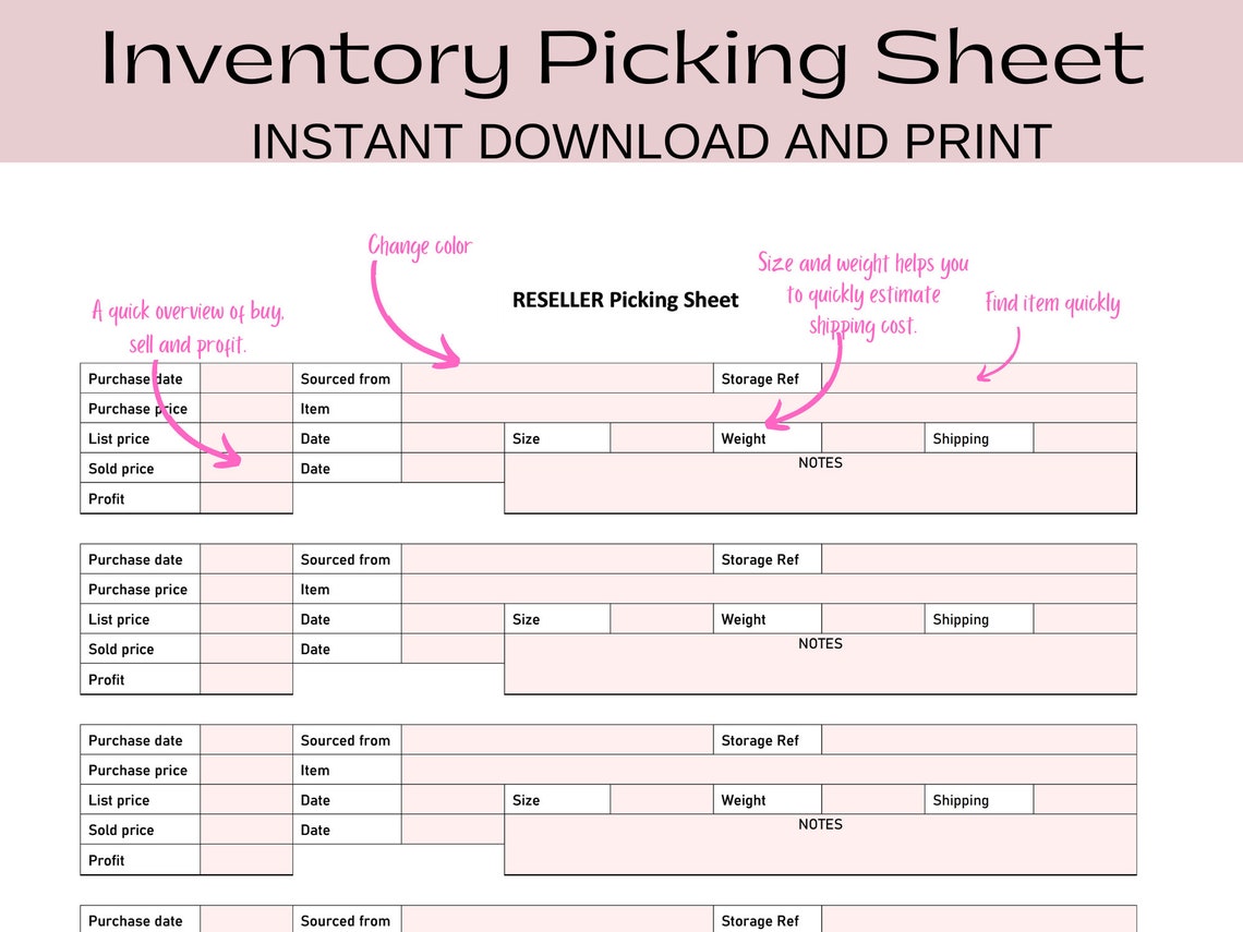 MS Word Fillable Picking Sheet Template, Reseller Inventory Record ...