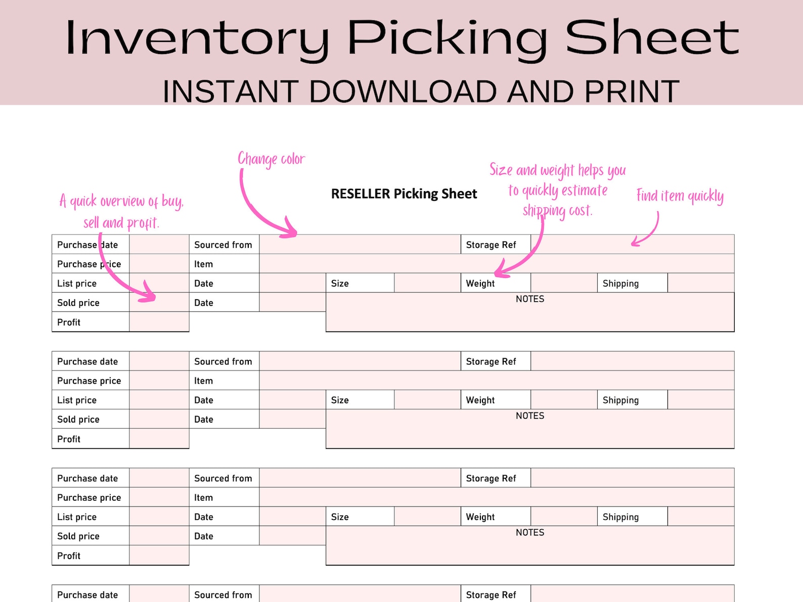 MS Word Fillable Picking Sheet Template, Reseller Inventory Record ...