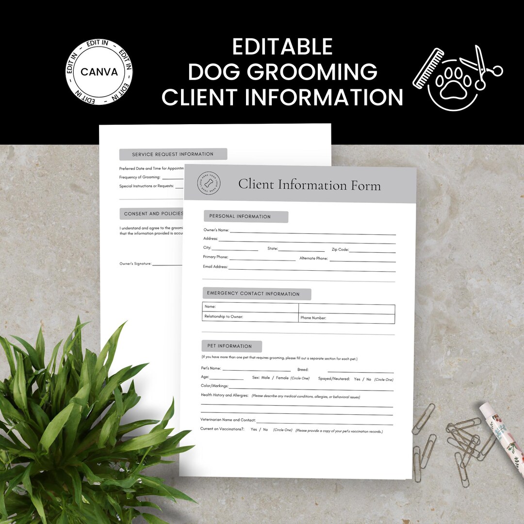Editable Dog Groomer Client Information Form, Dog Grooming Intake Form ...