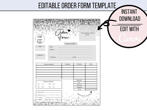 Editable Order Form Template Black Glitter Effect Printable | Etsy