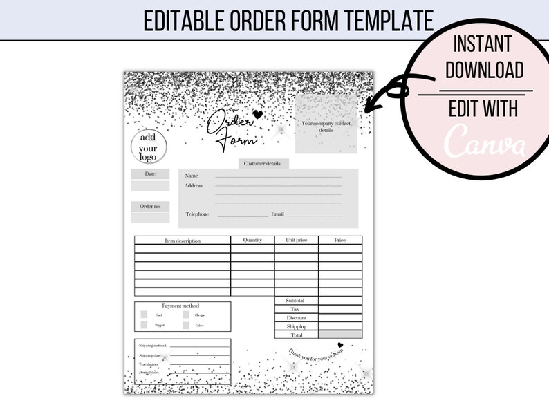 Editable Order Form Template, Black Glitter Effect Printable and ...