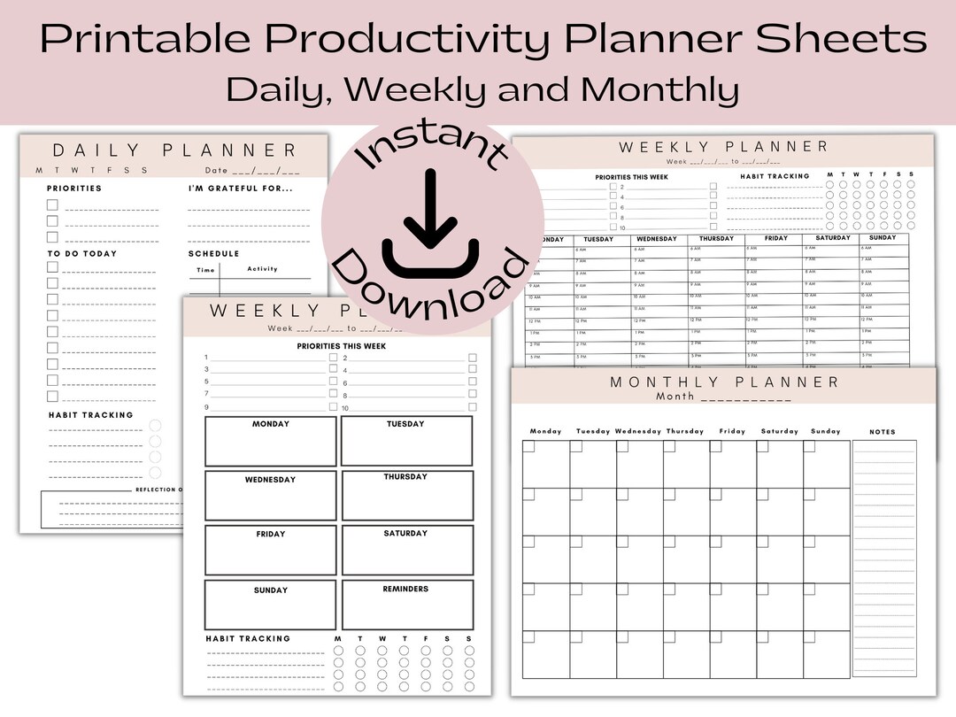 Productivity Planner Printable Pack, Daily, Weekly, Monthly Planning ...