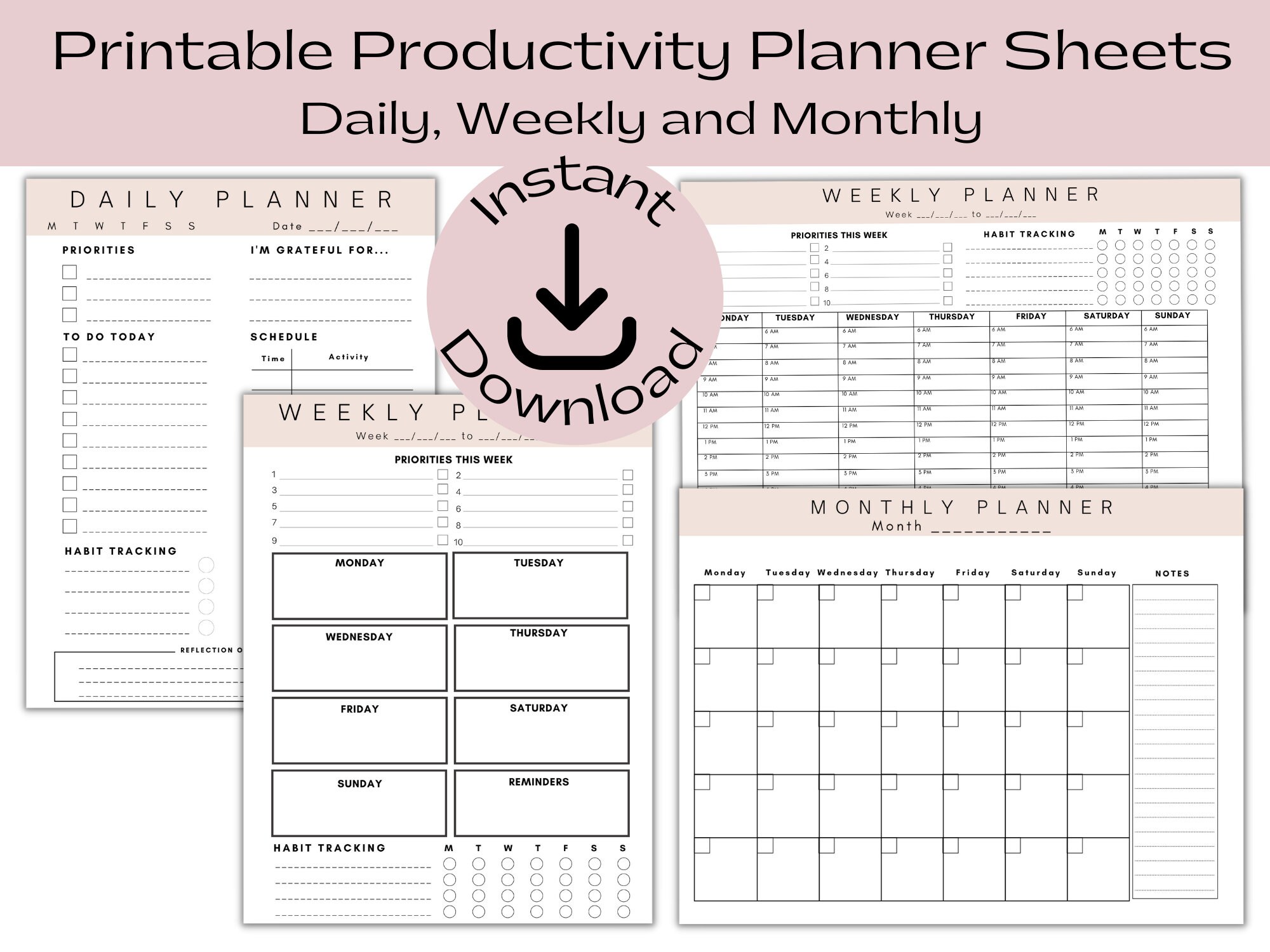 Productivity Planner Printable Pack, Daily, Weekly, Monthly Planning ...