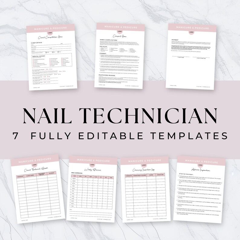 Editable Nail Technician Forms Bundle, Pink Esthetician, Manicure ...
