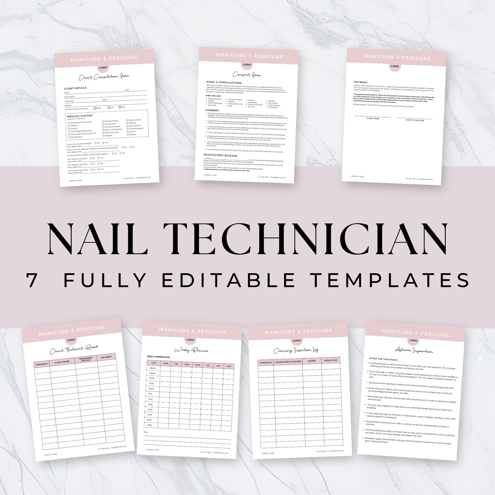 Editable Nail Technician Forms Bundle, Pink Esthetician, Manicure ...
