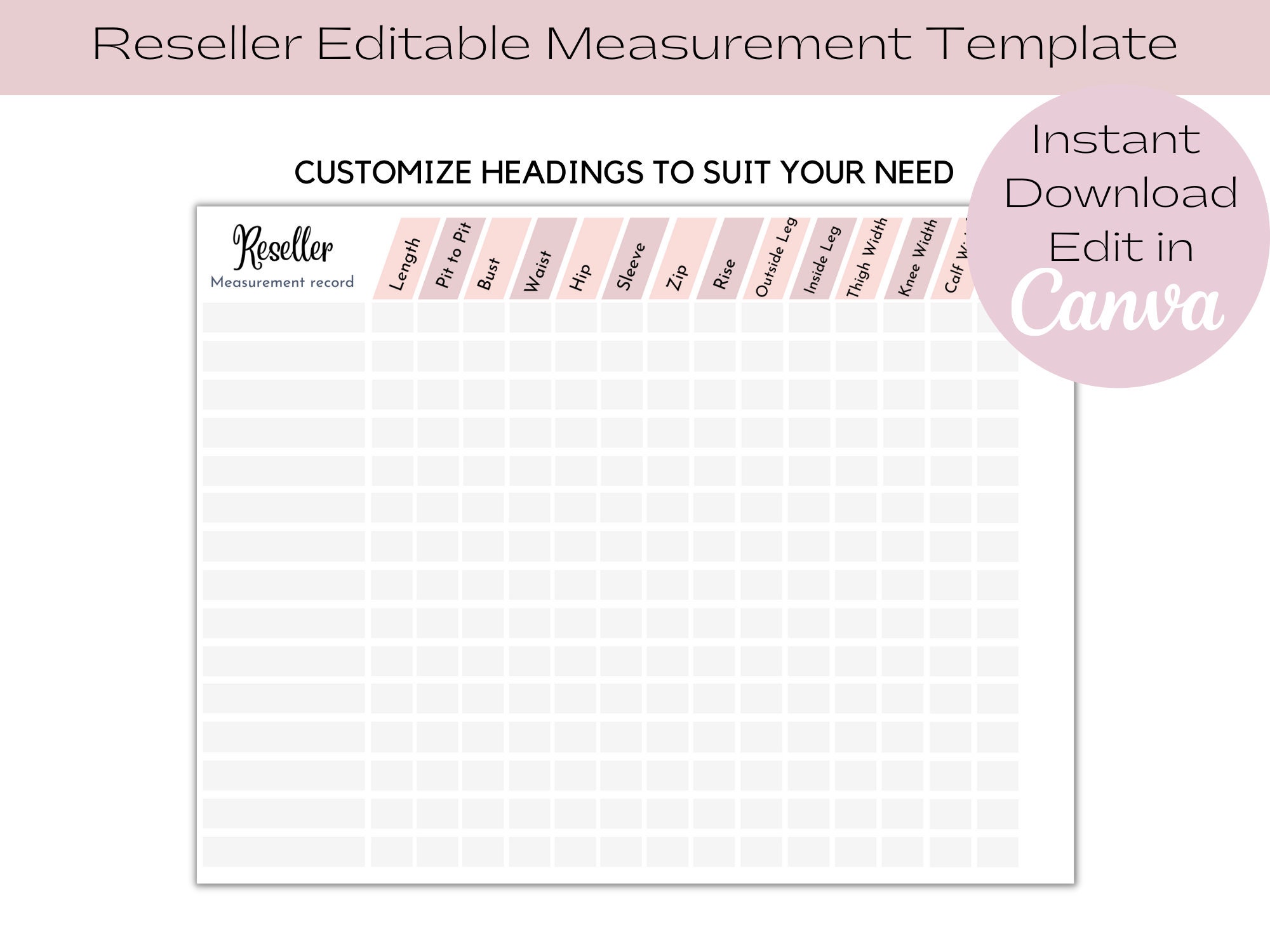 Reseller Editable Measurement Template | Record of Measurements ...