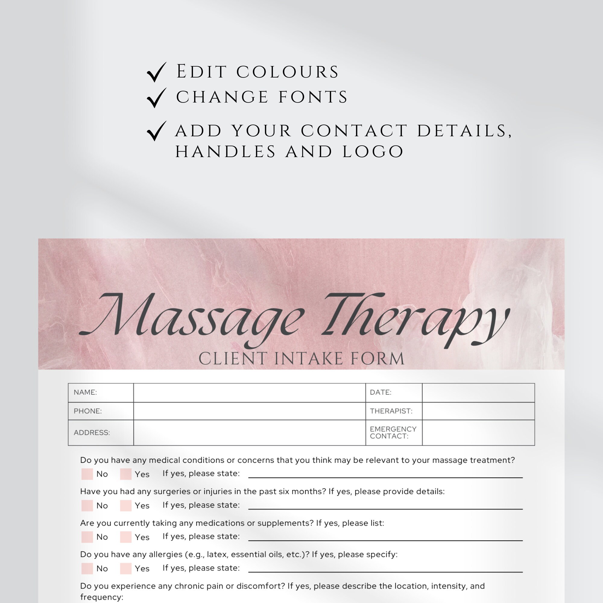 Massage Therapy Template, Client Intake Form for Beauty Salon Massage ...