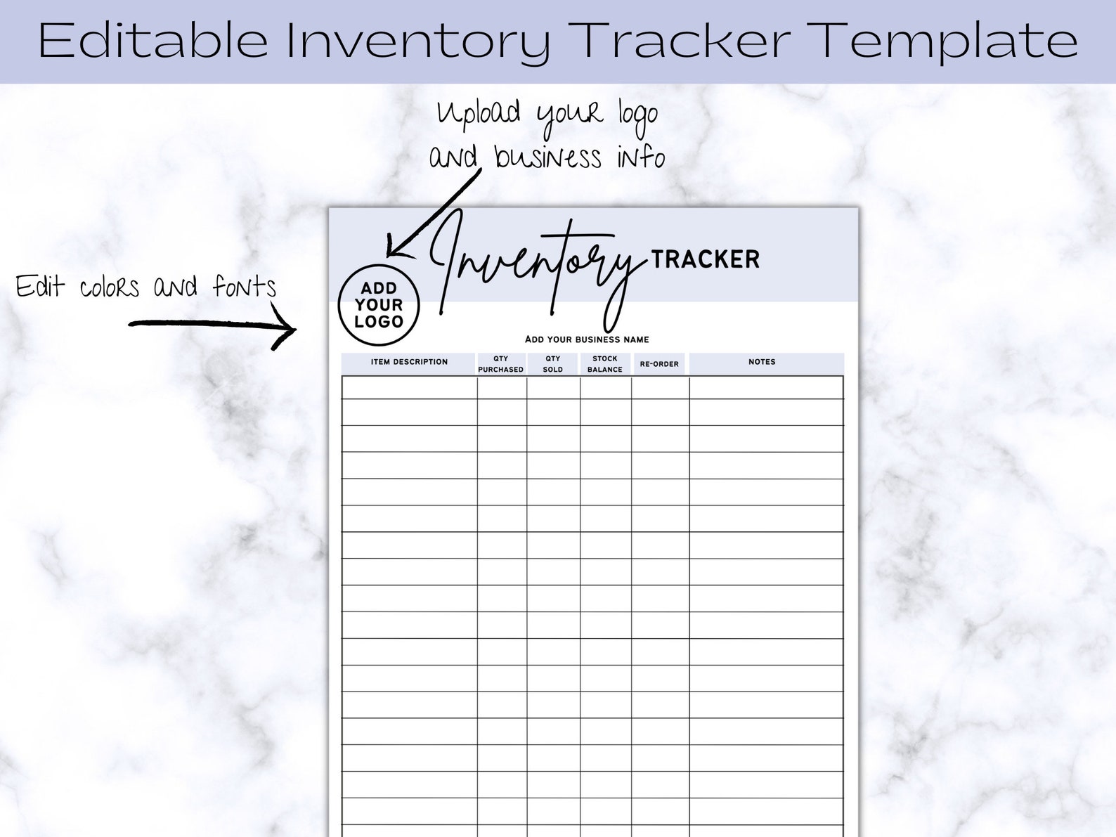 Editable Inventory Tracker, Printable Business Inventory Record ...