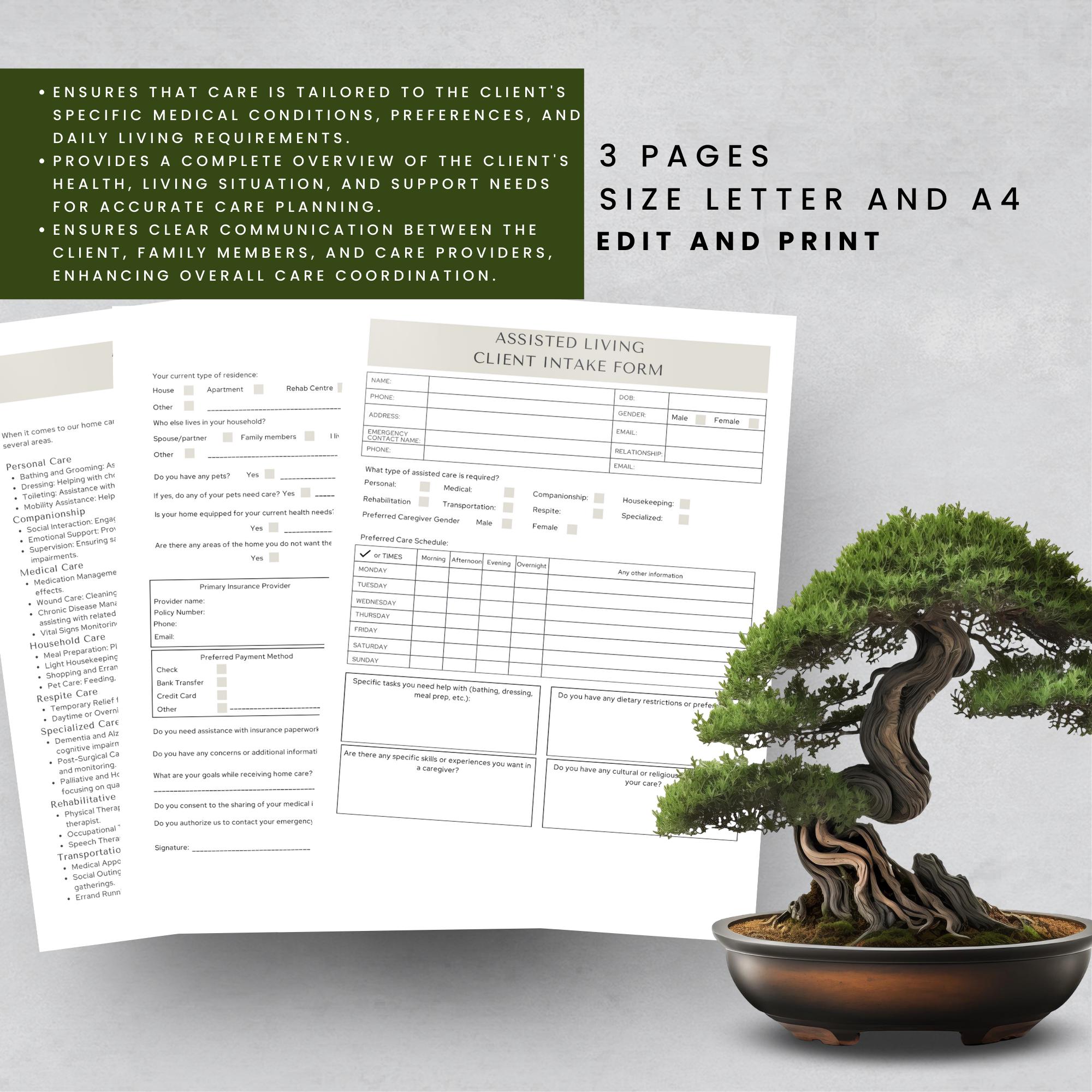 Home Care Service Client Intake Form, Editable Template, Assisted ...