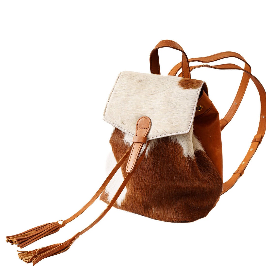 Cowhide Backpack. Hair on Leather Backpack Bag With Tassels. Genuine ...