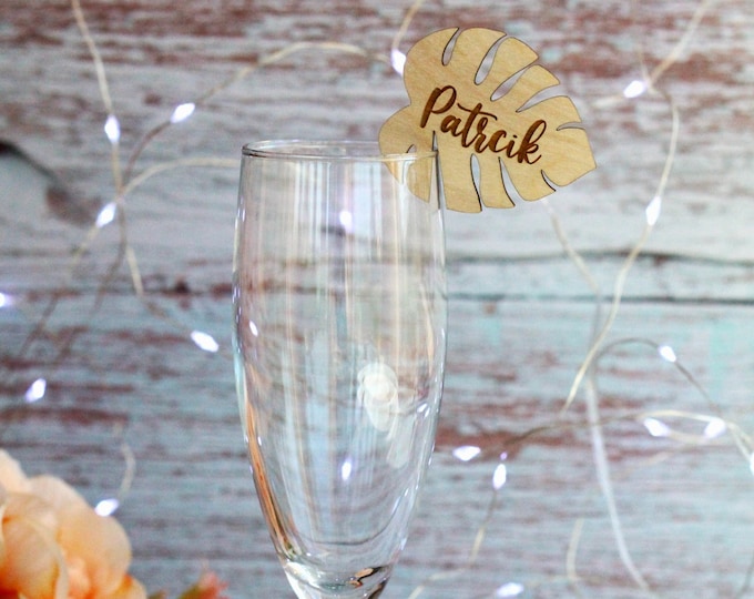 Tropical Name Place Card Custom Drink Tag Charm Monstera Leaf Tropical ...