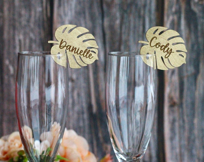 Tropical Name Place Card Custom Drink Tag Charm Monstera Leaf Tropical ...